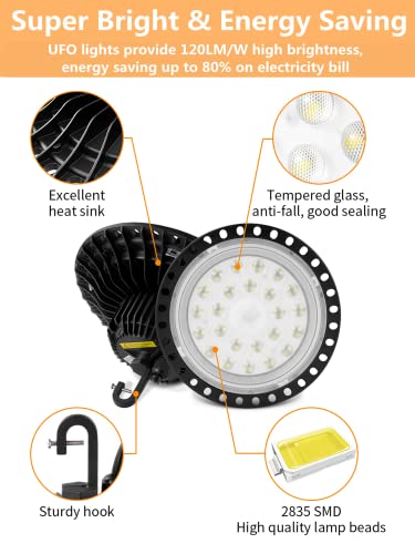 LED High Bay Light, 100W 12000LM UFO LED High Bay Lights with US Plug 5' Cable, 6500K Super Bright LED Shop Lights, IP65 Warehouse Light, Area Light Fixture Shop Light for Garage Warehouse Workshop