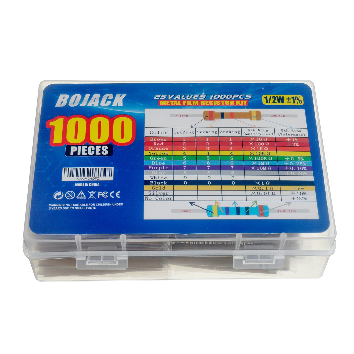 BOJACK 1000 Pcs 25 Values Resistor Kit 1 Ohm-1M Ohm with 1% 1/2W Metal Film Resistors Assortment