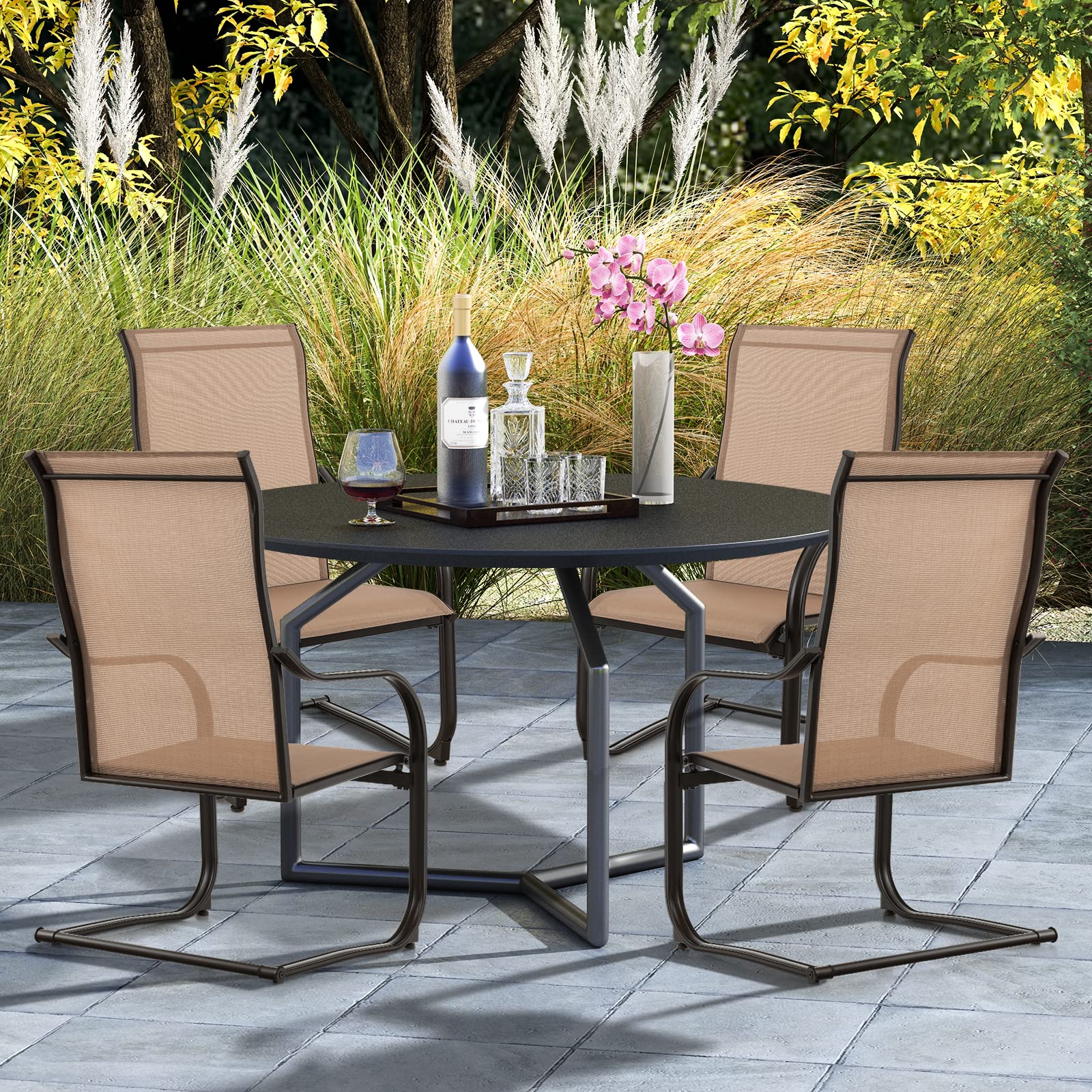 Giantex Patio Chairs Set of 4, High Back Outdoor Chairs w/Sled Base, All Weather Fabric, Heavy Duty Metal C-Spring Frame, Outside Dining Chairs for Lawn Deck Porch Balcony Backyard Pool