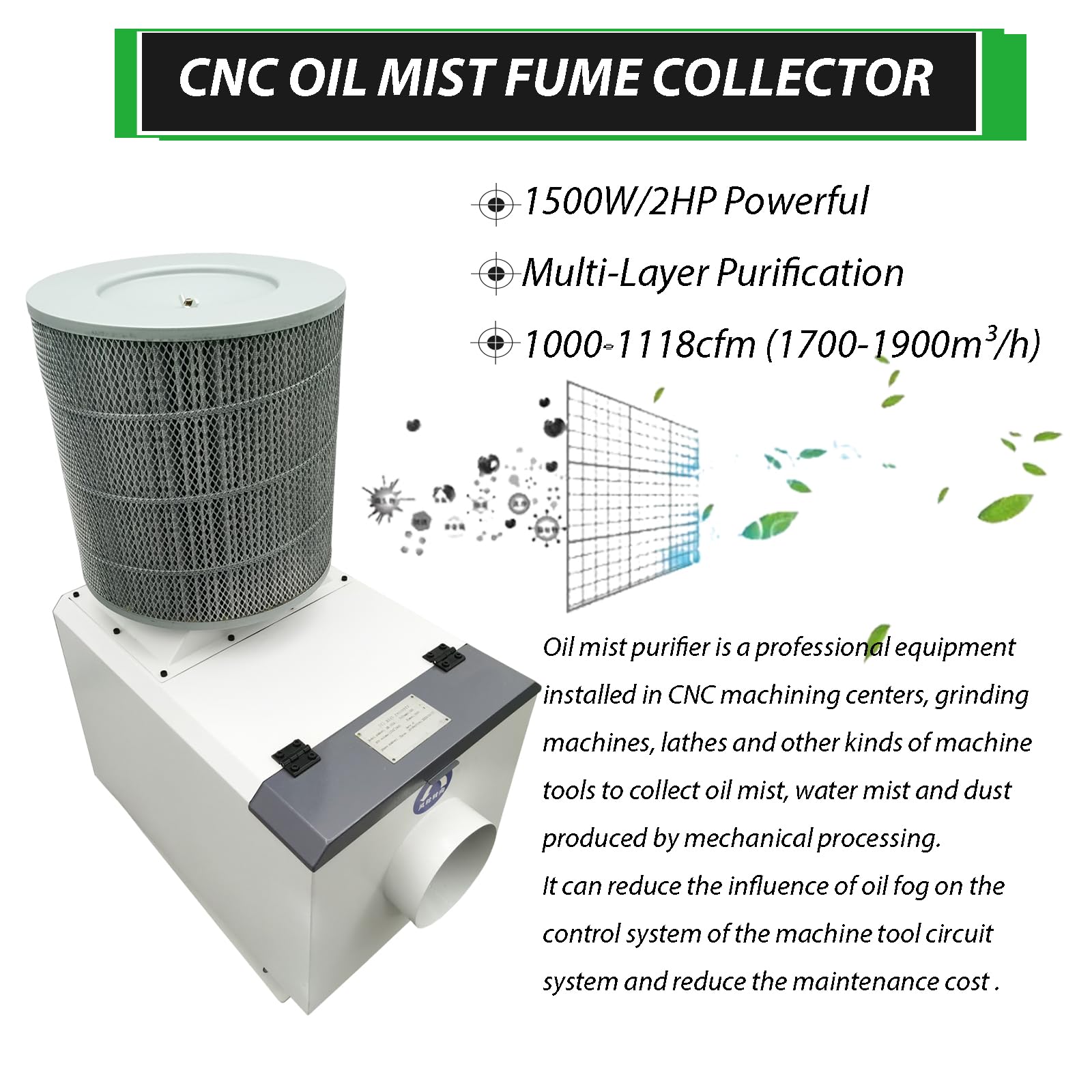 EQCOTWEA CNC Oil Mist Collector for Machine Tools 6" Processing Mechanical Oil Fume Purifier Industrial Soot Purifier 1000-1118cfm 220V 3PH
