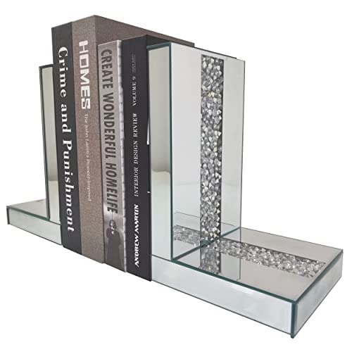 FYWDGLART Mirrored Decorative Bookends.Silver Crush Diamond Decorating Bookend.Skid-Resistant Design.Bookshelf Decor.9X6X5.1inches,Set of 2.