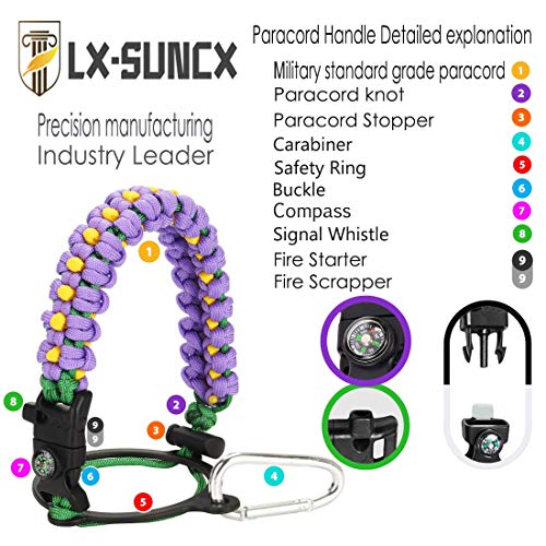 LX-SUNCX Paracord Handle and Silicone Sleeve Boot Compatible with Hydro Flask Wide Mouth Water Bottle (Daisy-Purple w/Compass+Whistle+Firestarter, 32oz-40oz)