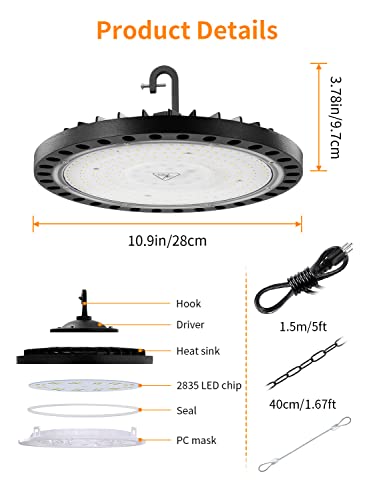 LED High Bay Light, 200W UFO LED High Bay Lights, 24000LM 5000K LED Shop Lights with US Plug 5' Cable Bay Lights, IP65 Warehouse Light, Area Light Bay Lighting for Shop Garage Barn Warehouse Workshop