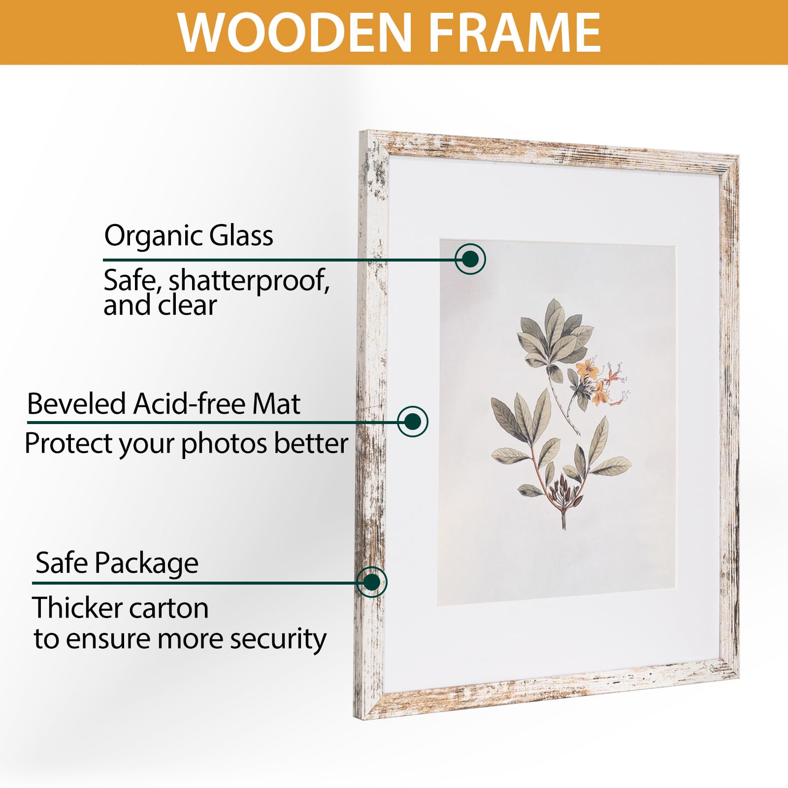 Califortree Rustic White 11x14 Picture Frame - Can Display Photo 8x10 with Mat, Engineered Wood Frame with Shatterproof Plexiglass, Horizontal and Vertical Display for Wall, Set of 2