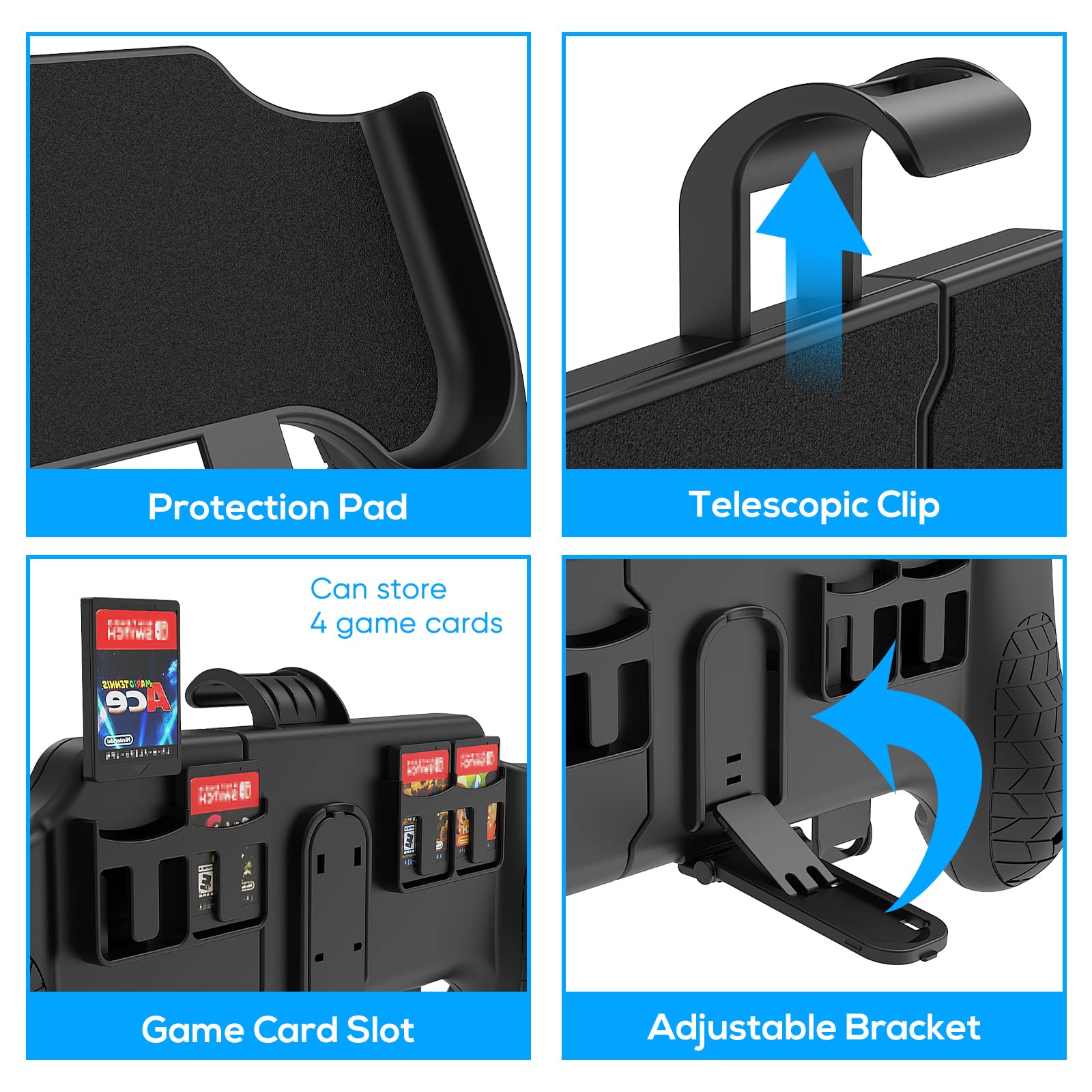 Switch OLED Grip Case Compatible with Nintendo Switch/ Switch OLED/ Switch Lite - Universal Hand Grip Accessories with Adjustable Stand/ 4 Game Slots, 8 Thump Caps for JoyCon & Switch Control, Black