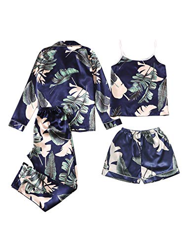 LYANER Women's Pajamas Set 4 pcs Satin Silk Cami Top Button Down Loungewear Pjs Set Navy Small