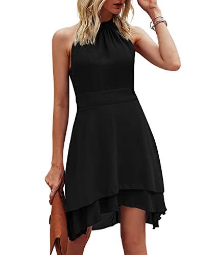 LYANER Women's Halter Sleeveless Pleated Layer Ruffle Hem Elegant Workwear Mini Dress Solid Black Medium