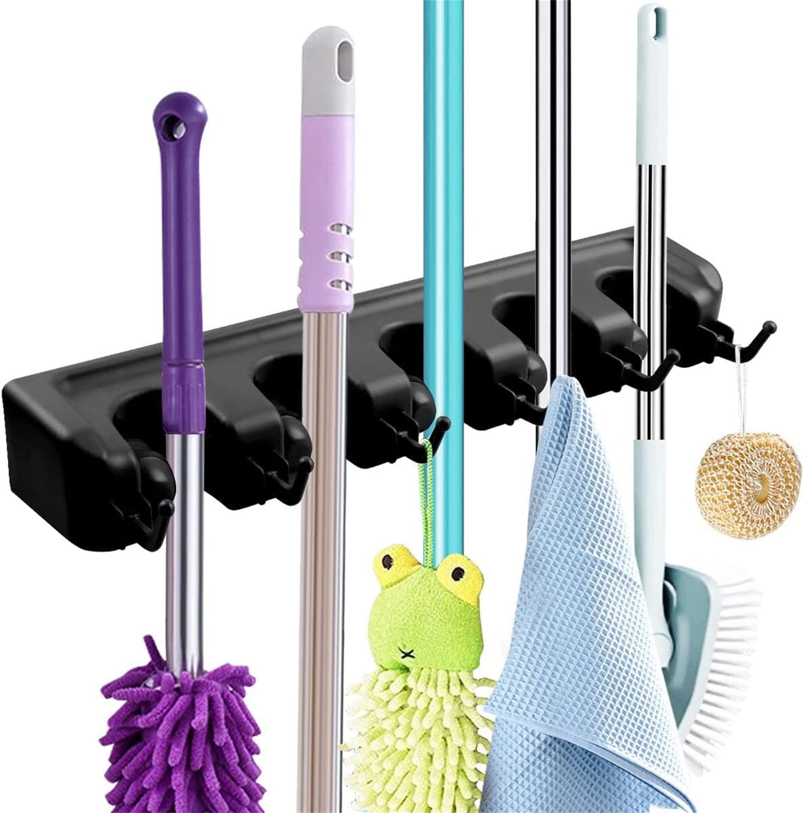 EFEMIR Mop and Broom Holder, Storage Rack, 5 Positions with 6 Hooks Garage Storage Holds 11 Tools, Storage System Broom Organizer,Beige