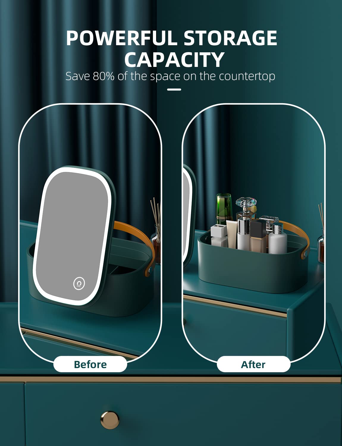 CielClair Makeup Case with Mirror and Light, Portable Makeup Organizer with Adjustable LED Lights & Mirror Lid, Cosmetic Organizer Storage with Handle for Bedroom Camping Travel, Dark Green