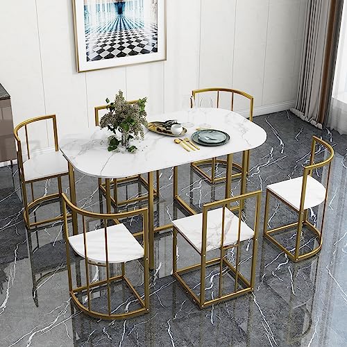 Merax Compact Dining Table and Chairs for Small Space Faux Marble Dining Table Set for 6, 55inch Kitchen Table 7 Piece Set for Dining Room Living Room Modern Style