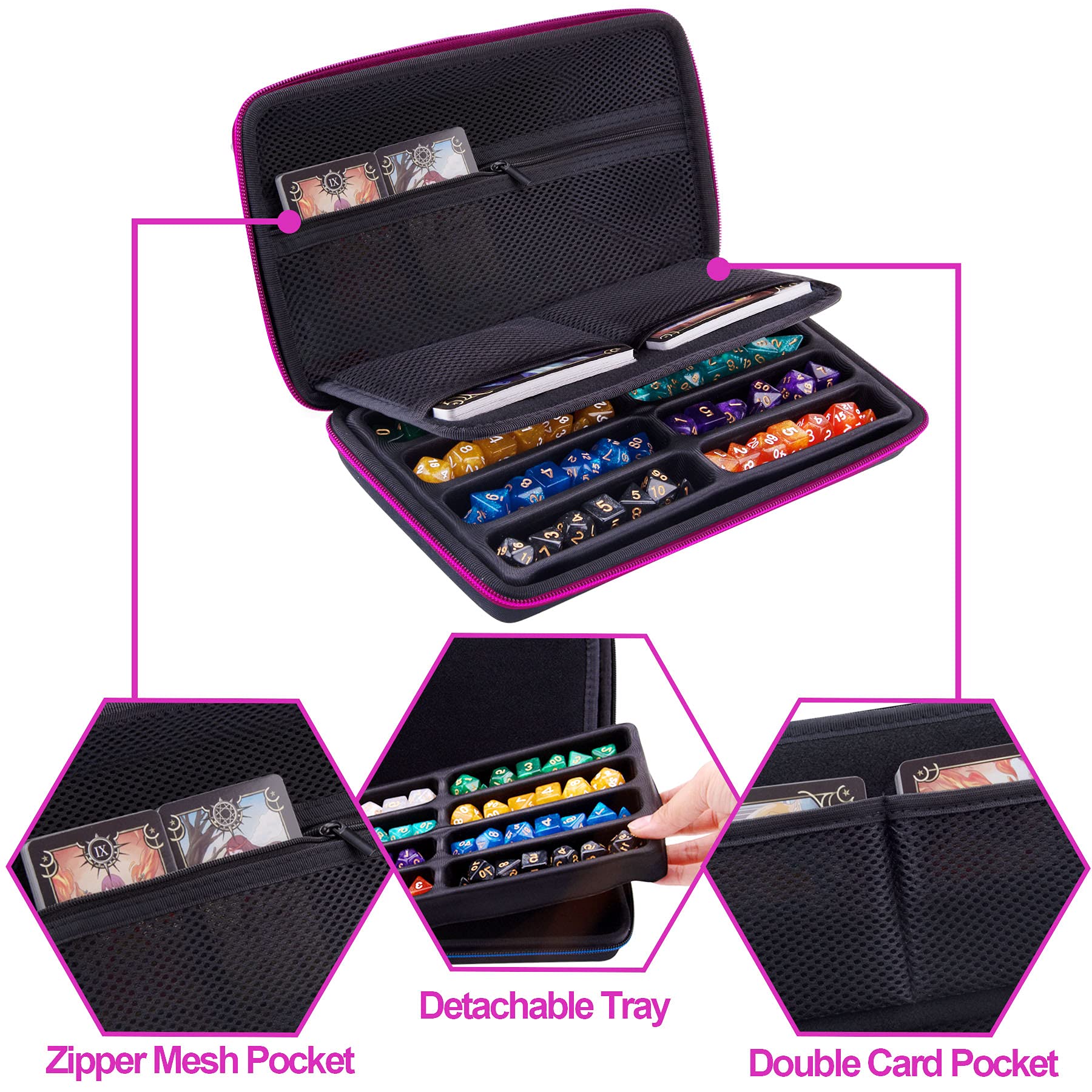 SIQUK Dice Case DND Dice Box Dice Storage Case Dice Organizer Holder with Handle Removable Slotted Tray Holds 8 Sets DND Dice for Dungeons & Dragons and Other RPG Table Games, Rose Red