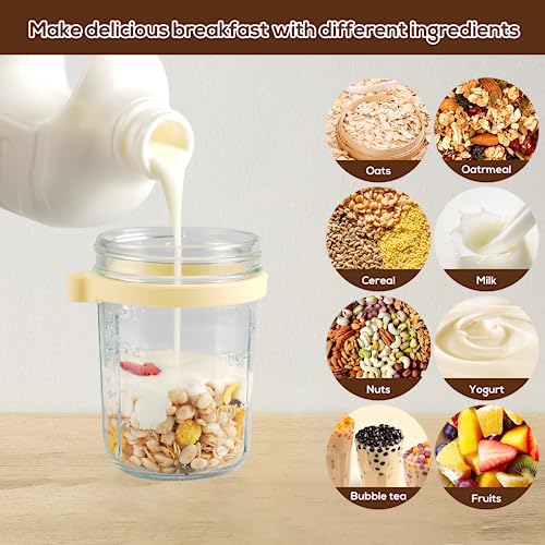 Overnight Oats Jars,Mason Jars for Overnight Oats with Lid and Spoon,10 Oz Glass Meal Prep Containers with Measurement Marks,Perfect Size for Overnight Oats,Salad Yogurt,Cereal,Fruit (4 PACK B)