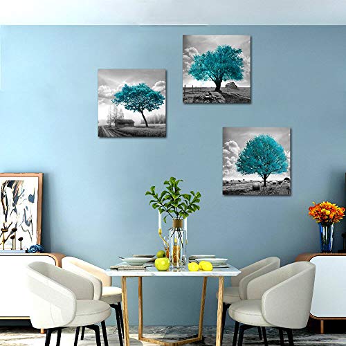 Canvas Wall Art for Bedroom Black and White Farmhouse Rustic Country Landscape Teal Trees Picture Wall Decor Modern Framed Artwork 3 Pieces
