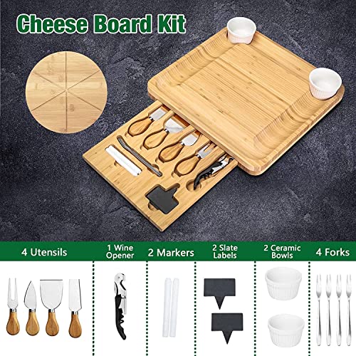 Smatto Cheese Board and Knife Set, Bamboo Charcuterie Board Set, 13โโx13โโ Cheese Serving Tray with 4 Knives, Drawer and Wine Opener for Housewarming Wedding Birthday Valentine's Day Gift