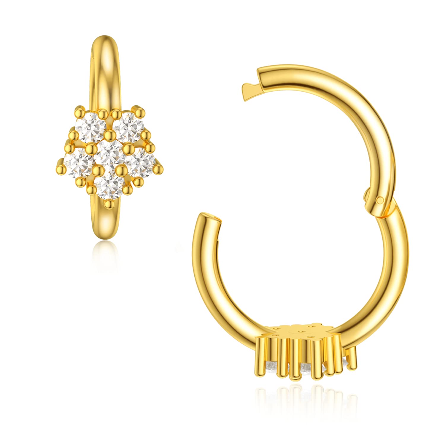SISGEM 14K Real Gold Flower Nose Ring with Sparkly Cubic Zirconia,1 PC Yellow Gold Small Hoop Earring Nose Ring Fine Jewelry Gift for Mother's Day Birthday,18 Gaugeļ¼2 in 1ļ¼