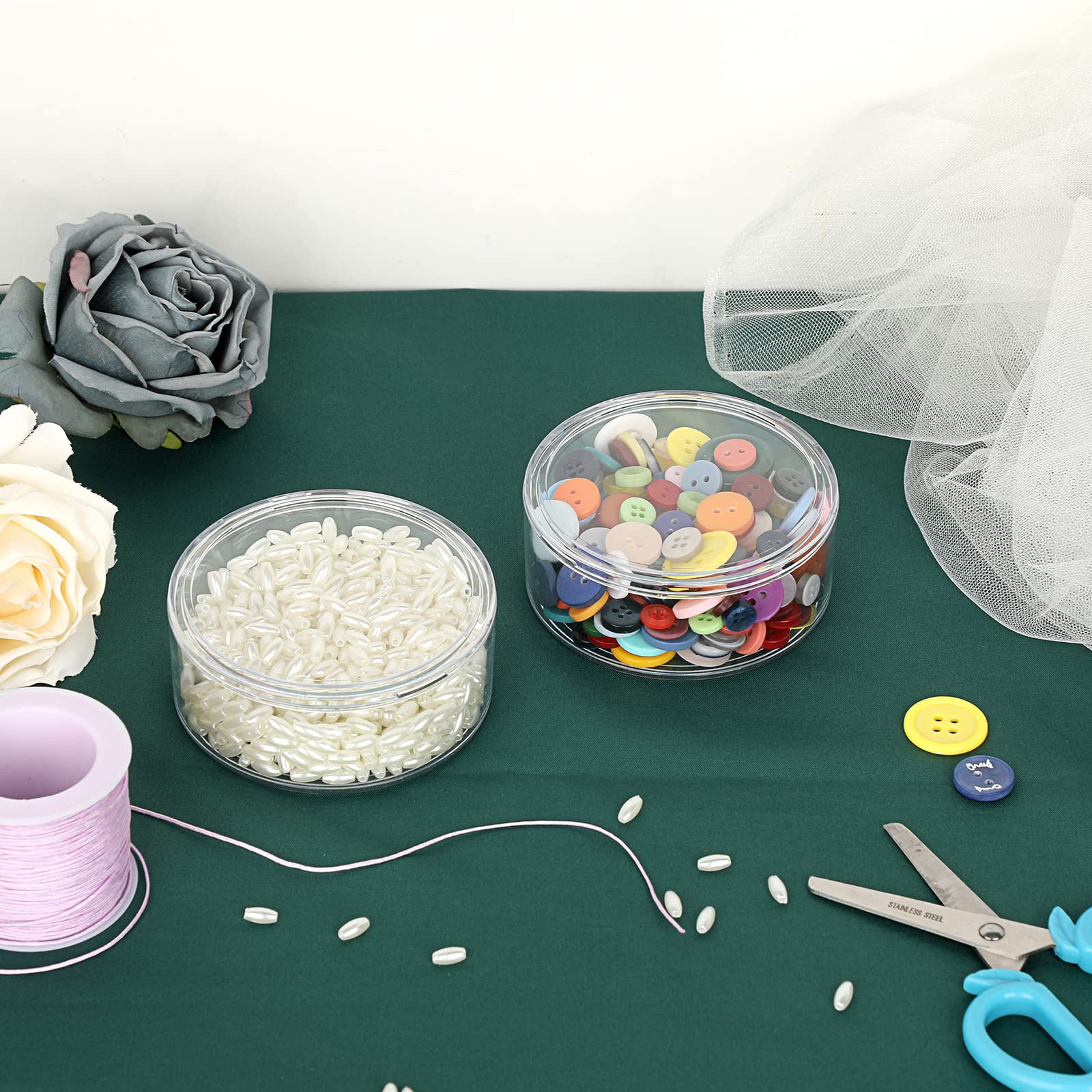 BTSKY Clear Plastic Small Storage Containers with Lid Mini Clear Boxes for Organizing Stackable Paper Clips Holder Multi-use Bead Organizers for Clips, Rhinestones, Hairpins and Candy, 4PCS Round