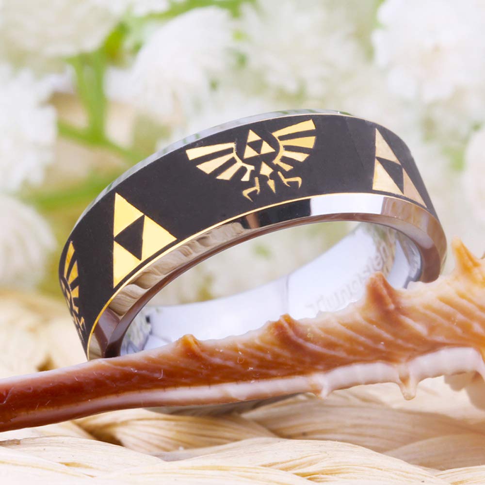 CLOUD DANCER FREE Custom Engraving The Legend of Zelda Ring- Crest and Triforce Ring Gold with Silver Bevel Tungsten Carbide Wedding Ring Engagement Ring (9.5)