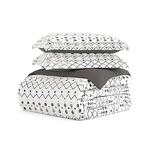 Merit Linens Pattern and Pinch Pleat Queen Duvet Cover Set | Soft, Light Weight, and Breathable 3 Piece Gray Duvet Set | Zipper Closure, Corner Ties, 2 Matching Shams