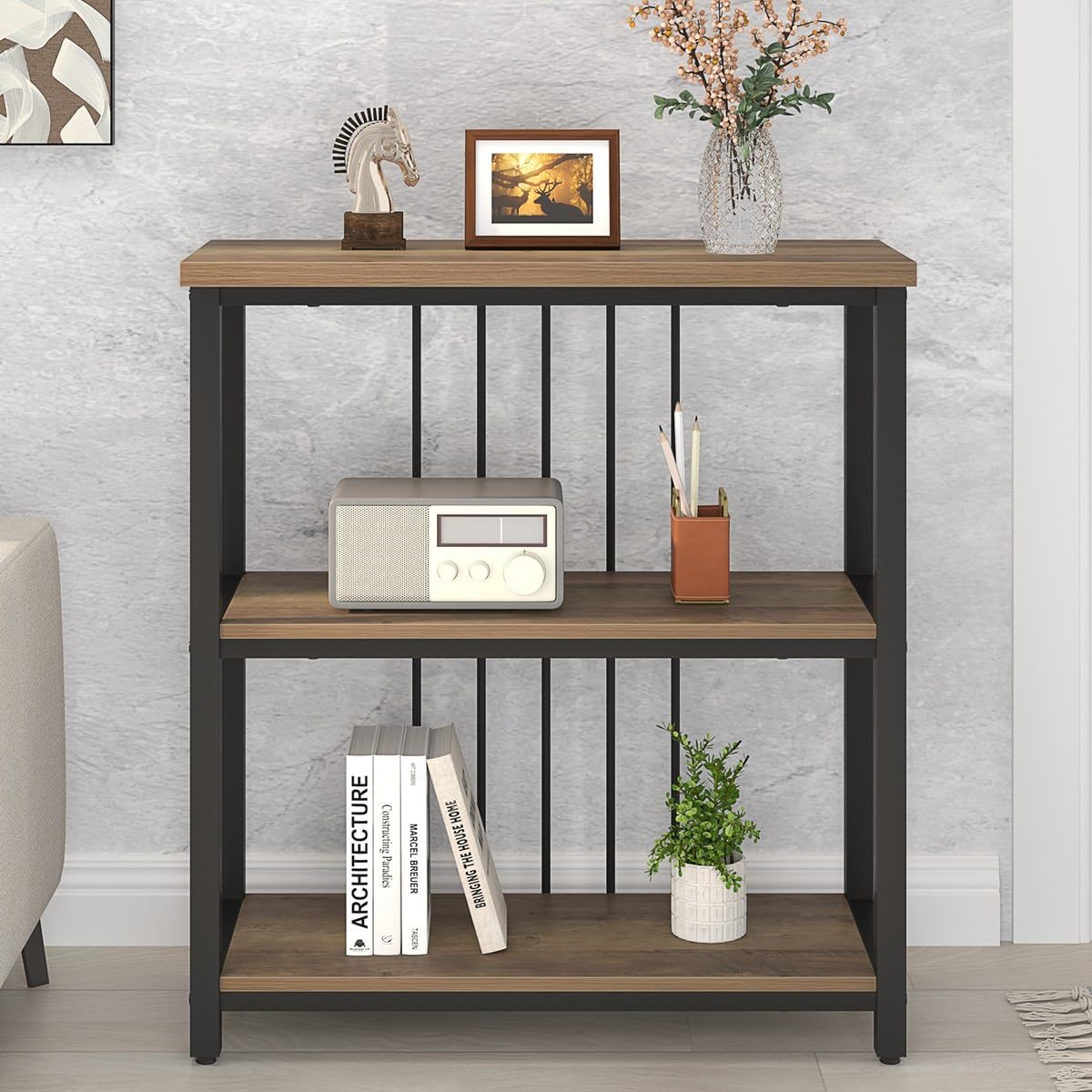 FOLUBAN Small Bookshelf and Bookcase, 3 Tier Open Book Shelf, Modern Metal and Wood Shelving Unit for Living Room Bedroom, Oak