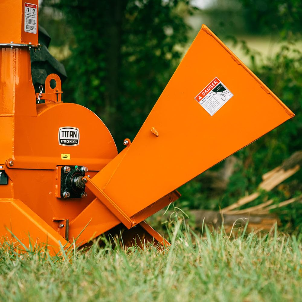 Titan Attachments 3 Point Wood Chipper, PTO Driven for Tractors Up to 70HP, 3 Point Hitch Mounting, Self-Feeding Chute, Adjustable Discharge, Reversible Blades, Shredder Mulcher Operates at 540 RPM