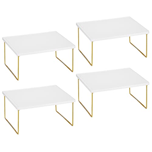 mDesign Metal Stacking Storage Organization for Shelves Inside Cabinet in Kitchen, Pantry, Cupboard, Fridge/Freezer, Organizer Stand for Plates, Bowls, Mugs, Ligne Collection, 4 Pack, White/Soft Brass