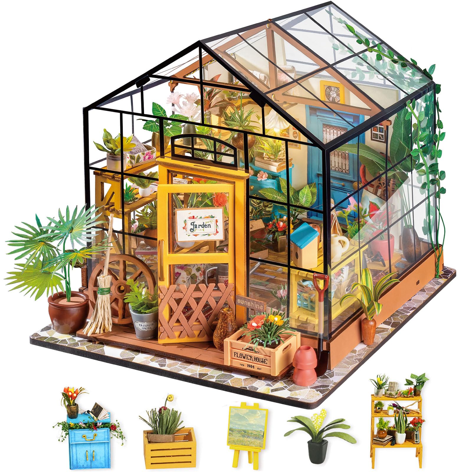 Rolife DIY Miniature House Kit-Mini Diorama 1/18 Greenhouse Model Building Kit with LED, Crafts for Adults Hobby Christmas Birthday Gift for Boys Girls Mom Home Decor (Cathy's Flower House)