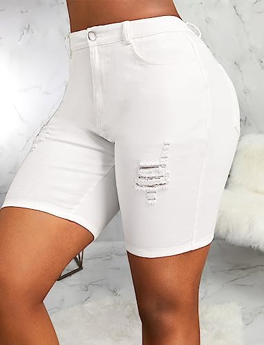 Jdkmera Women's Ripped Denim Shorts High Waisted Folded Hem Summer Casual Stretchy Short Jeans