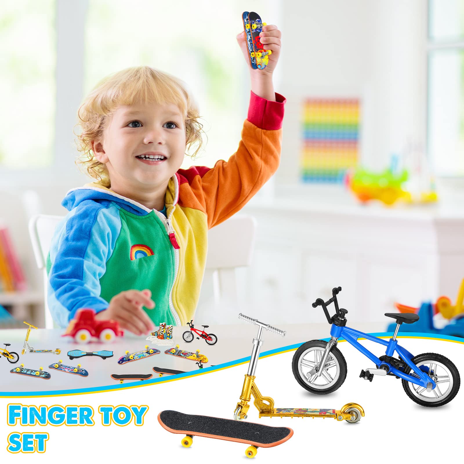Cindeer 33 Pieces Mini Finger Toys Set Finger Skateboards Bikes Tiny Swing Board Scooters Finger Roller Skating Finger Pants and Matched Wheels Tools Accessories Educational Toys for Party Favors