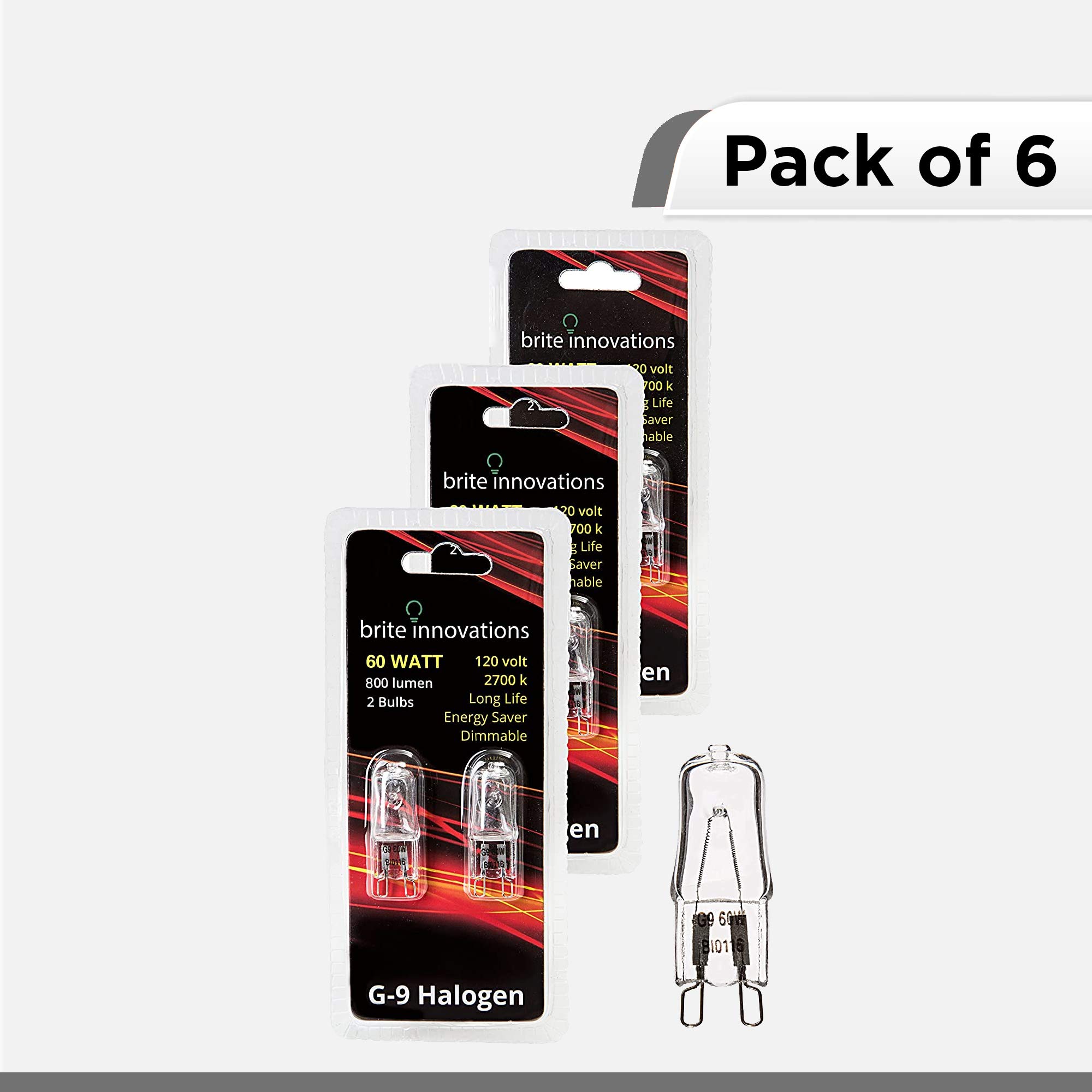 Brite Innovations G9 Halogen Bulb, 60 Watt β 6 Pack β Energy Saving - Dimmable - Soft White 2700K - 120V - Q40, CL, T4 JD Type, Clear Light Bulb