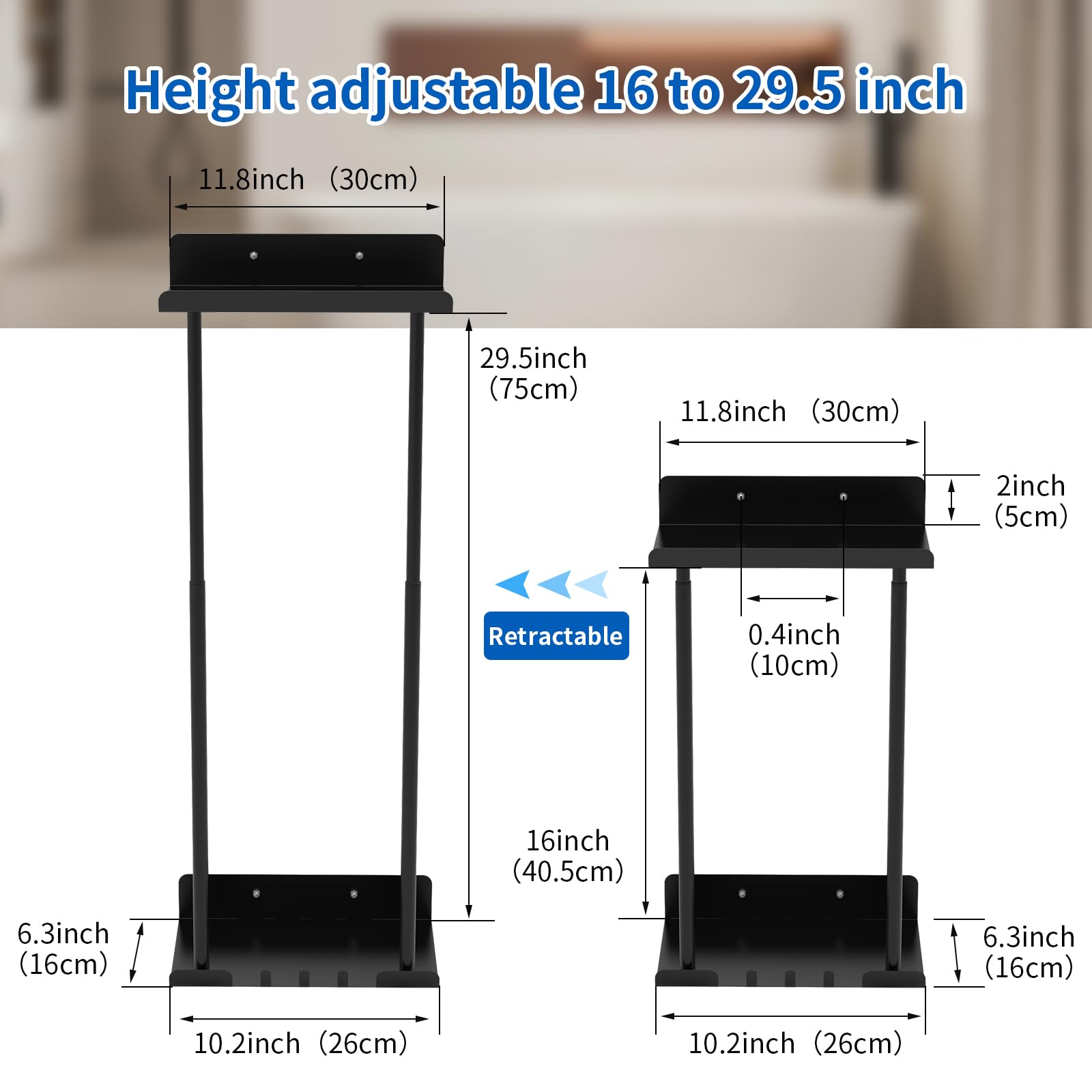 Filta Towel Rack with Shelf for Bathroom Wall Mounted,Retractable Height Metal Bath Towel Rack with Reliable Hooks Storage for Rolled Towel(Black)