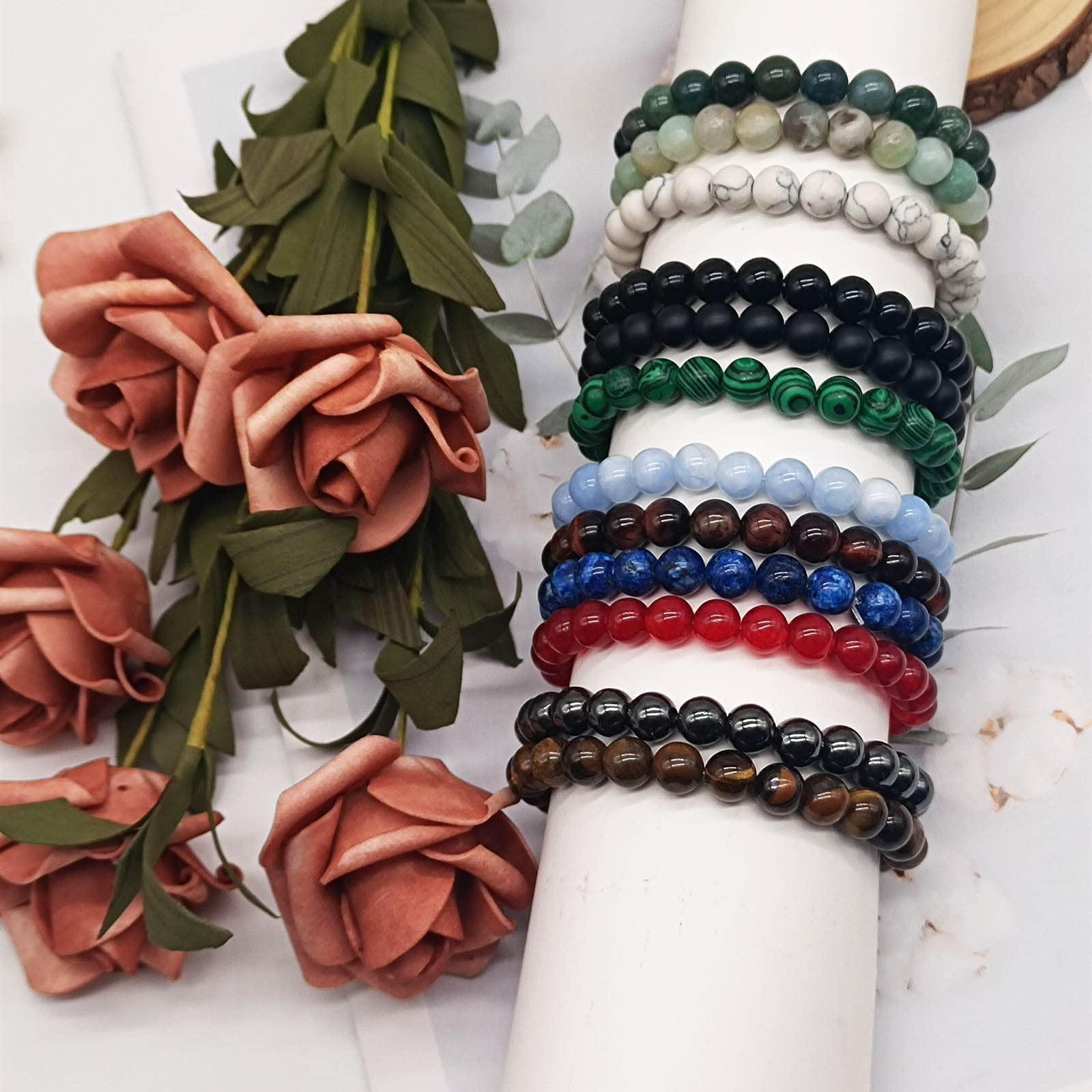 CASDAN 12 PCS 8mm Semi-Precious Gemstone Bracelet Healing Crystal Stone Stretch Bracelets for Women Men Round Beaded Elastic Bracelets