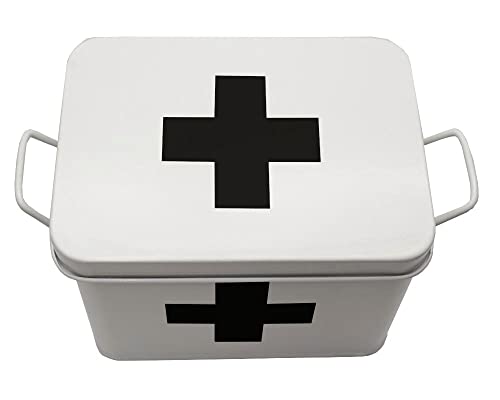 Lassos Boutique Retro Enameled First Aid Box for Medicine Storage and Home Decor with Lid and Removable Tray, White