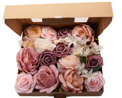 Lassos Boutique Assorted Articial Flowers Foam Rose with Stems for DIY Wedding Centerpieces, Bridesmaids Bouquets, Bridal Shower Decoration (Dusty Rose-Mauve)