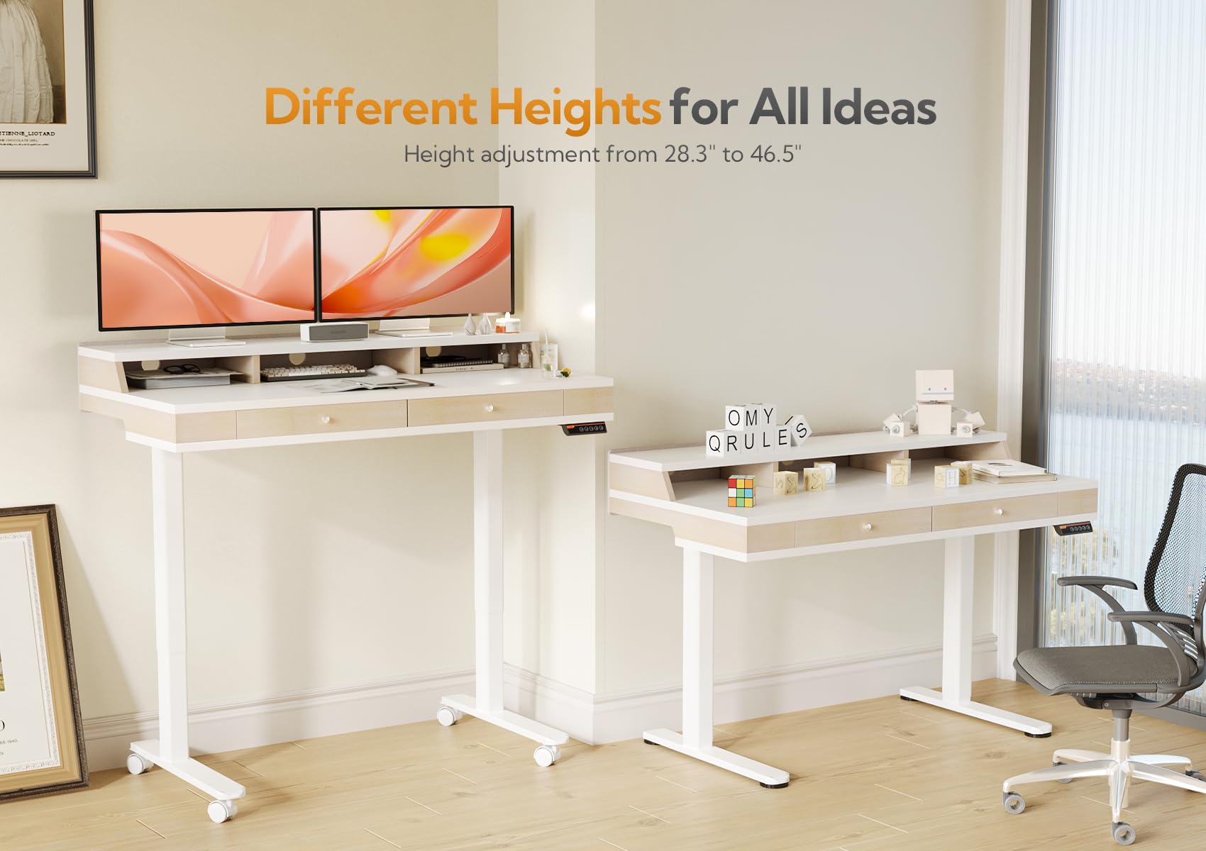 Claiks Standing Desk with Drawers, Electric Adjustable Standing Desk Adjustable Height, Sit Stand Up Desk with Storage Shelves & Wheels, 48 Inch White