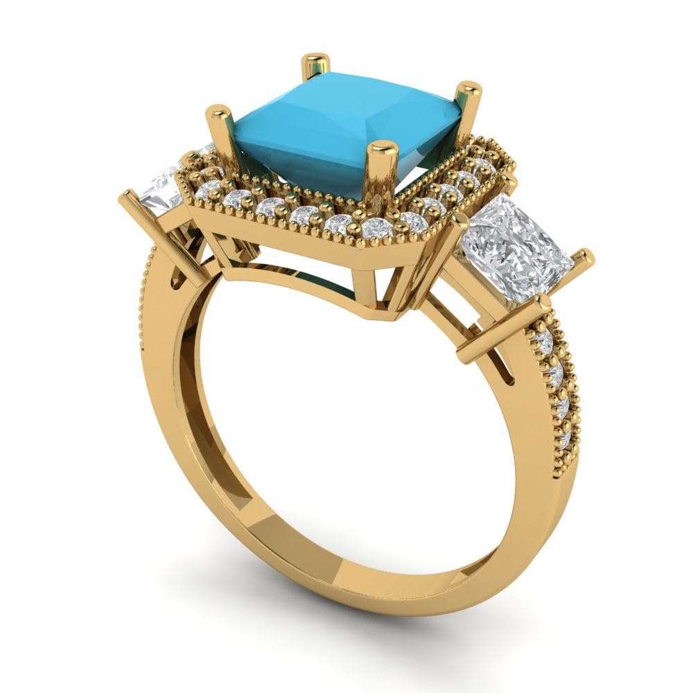 Clara Pucci 2.93 ct Cushion Cut Halo 3 stone Genuine Simulated Turquoise Engagement Promise Anniversary Bridal Ring 18K Yellow Gold 5.25