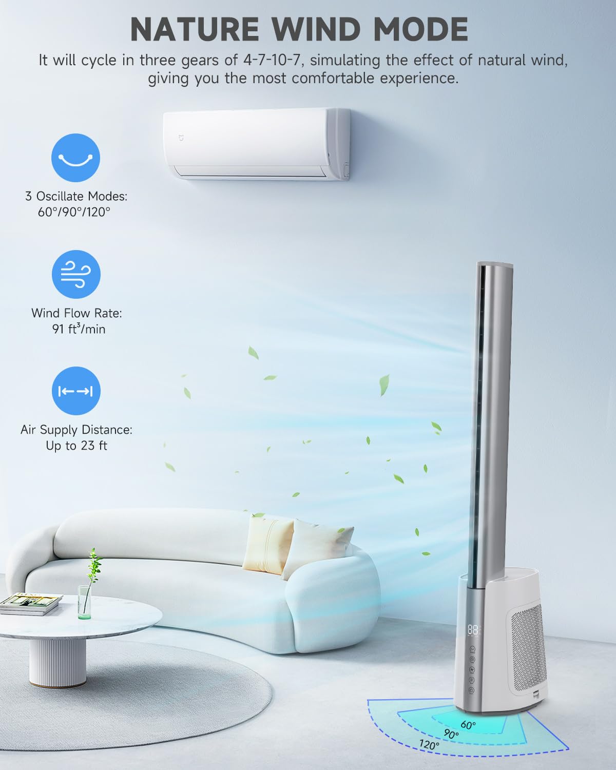 Gimify 40'' Bladeless Tower Fan for Home with Remote Control, Quiet 120° Oscillating Fan with 3 Modes 12 Wind Speeds,12H Timer, Standing Fan with HEPA Filter 99.97% Smoke Dust for Bedroom Office