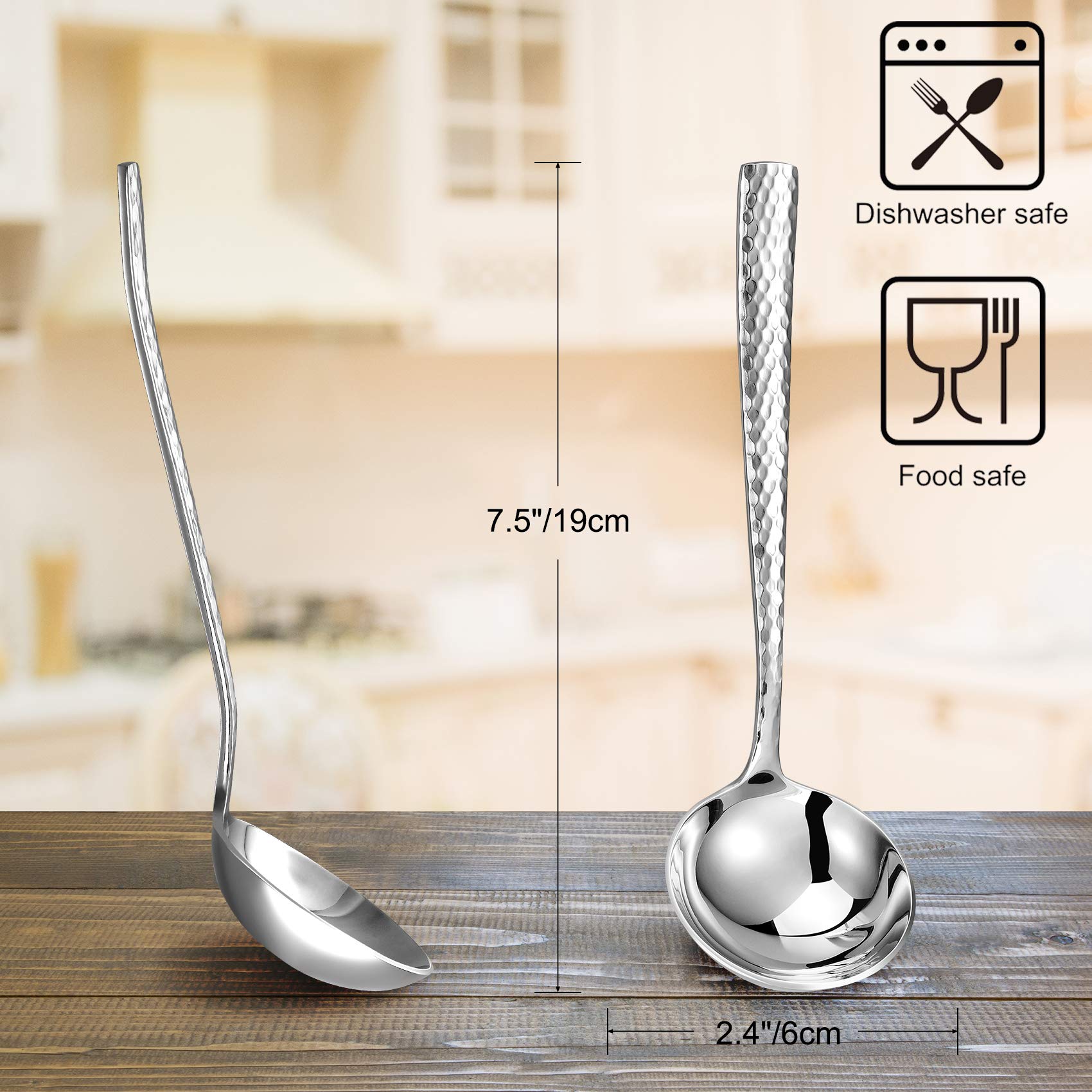 KEAWELL Unique 7.5 inch Small Hammered Sauce ladle, 1 oz. 18/10 Stainless Steel Gravy Soup Ladle. Solid and Sturdy, Dishwasher Safe (2)