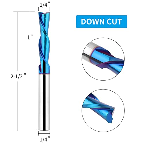 EANOSIC Downcut Spiral Router Bits 1/4 inch Shank, 1/4 inch Cutting Diameter Solid Carbide with Nano Blue Coating CNC Router Bits End Mill for Wood Cut, Carving