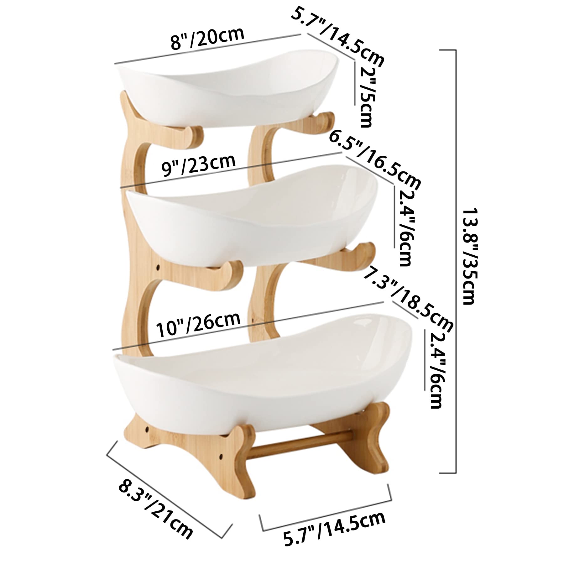 Ceramic Oval Tiered Serving bowls Tray Set,White 3 Tier Ceramic Fruit Bowl with Bamboo Wood Stand for Sushi, Dessert, Fruit, Vegetables, Appetizer, Cake, Candy, Chip Dip (White, 3-Tier)