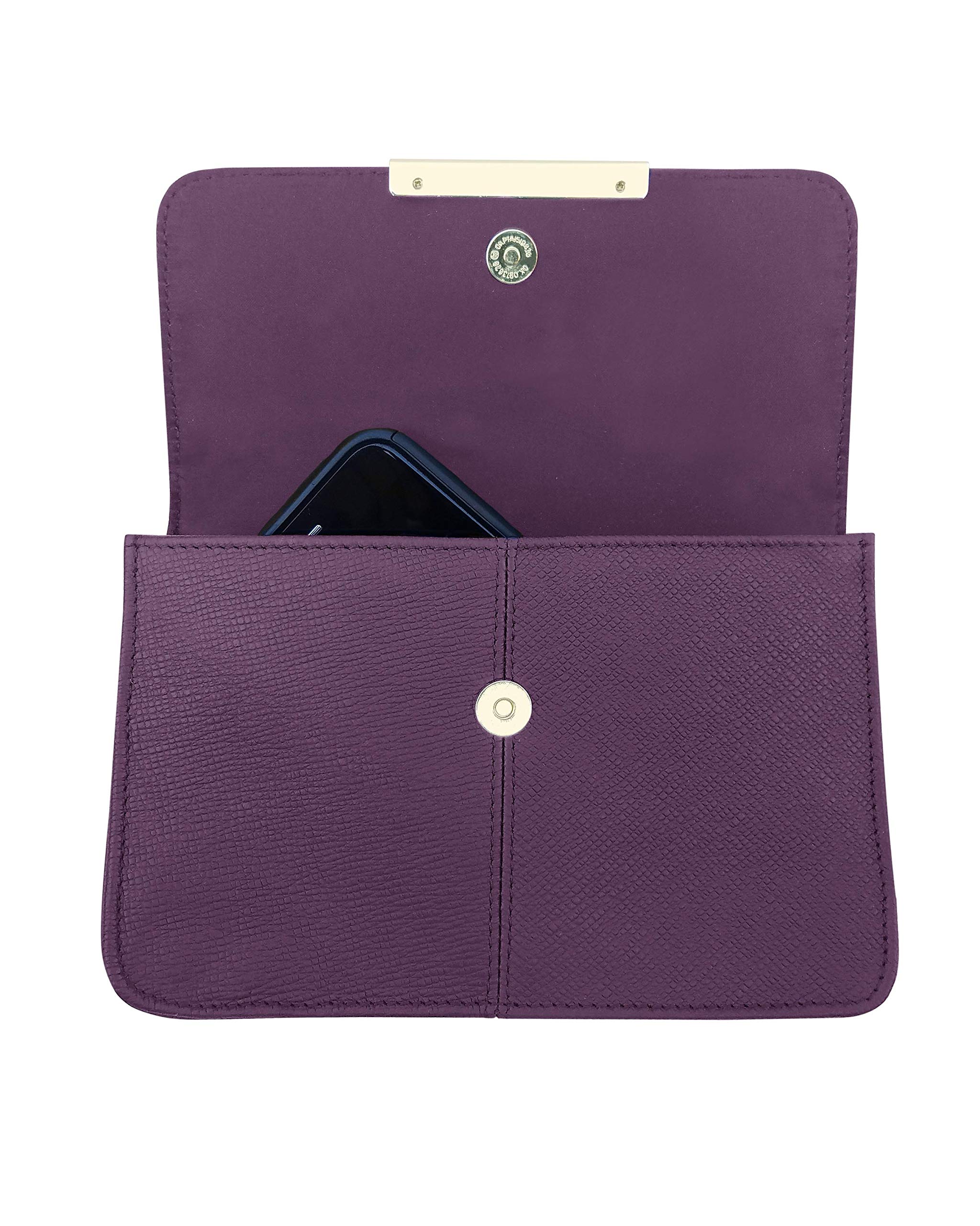 Roma Leathers Mini Leather Cross Body Purse - Premium Purple Embossed Cowhide Leather - Backside Detachable Wallet - Adjustable and Removable Shoulder Strap - Designed in USA