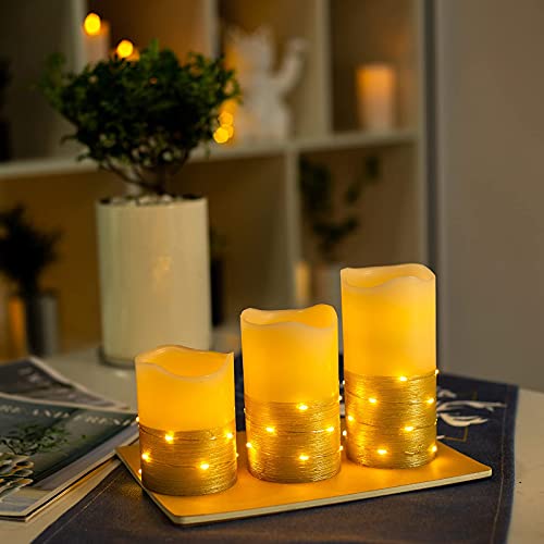 BeMoment Flickering Flameless Candles with Timer - Battery Operated, White LED String Lights, Gold Accent, Ideal for Home Decor, Fireplace, and Events, 3pcs (D 3" x H 4" 5" 6")