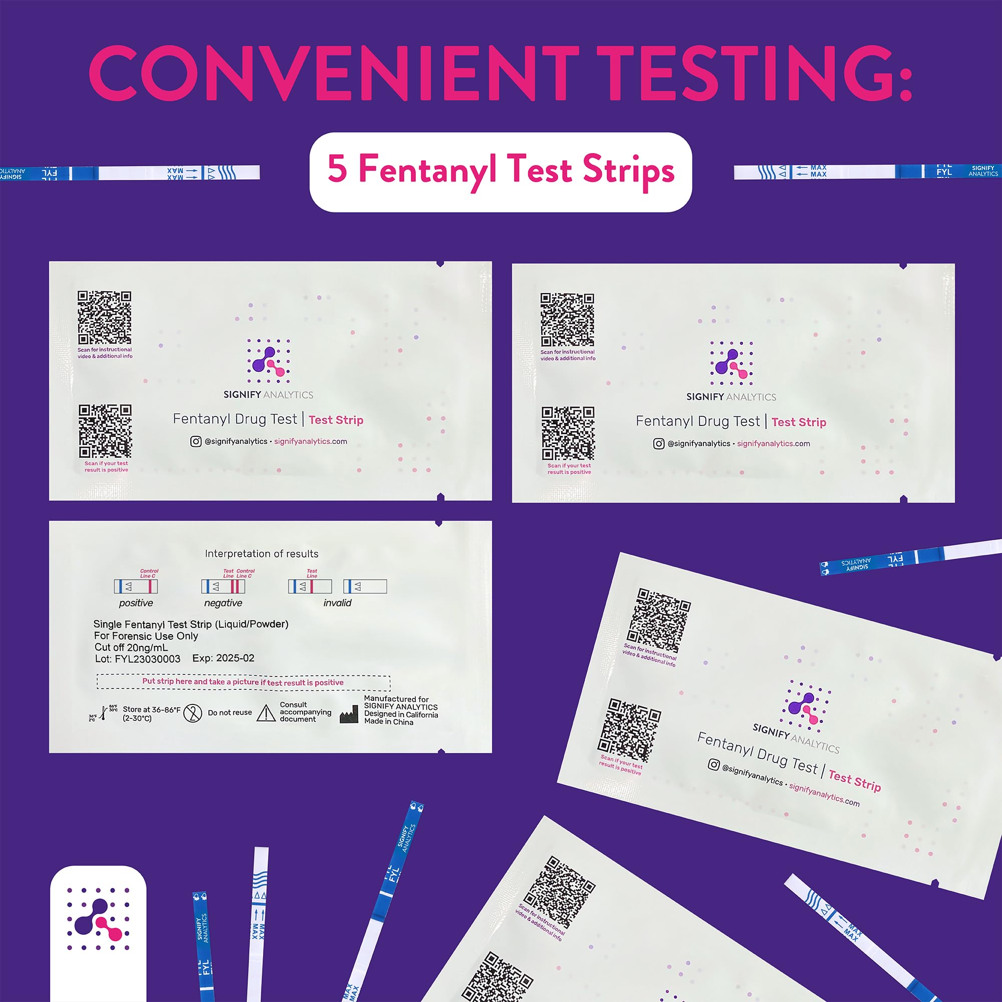 Fentanyl Test Strips 5 Pack | Signify Analytics Highly Sensitive Fentanyl Test Strips for Testing Drugs | Fentanyl Testing Strips for Pills, Powders, and Liquids | 20ng/mL Cutoff