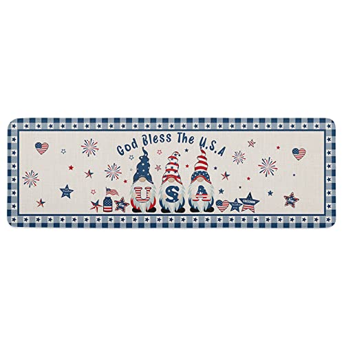 Cushioned AntiFatigue Kitchen Mats and Rugs,4th-of-July Gnomes Absorbent Floor Bath Door Mat,Doormat Accent Runner Carpet Washable Indoor Comfort Standing Mat Independence Day Red Blue Stars Burlap