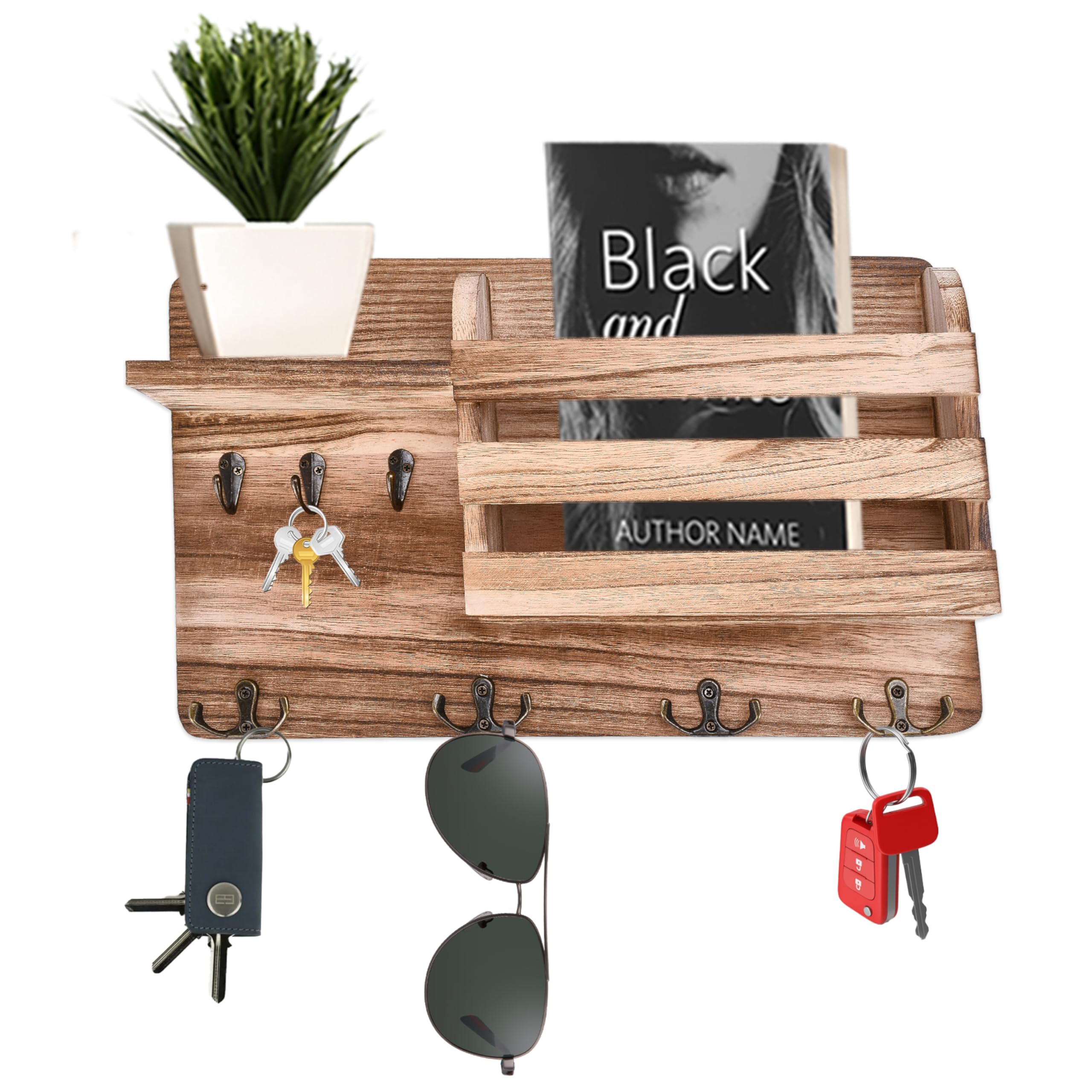 Hallops Wooden Key Holder Wall Mount- 12.9"x3.9"x7.8" - Hanging Mail Sorter and Key Rack for Entryway - Hallway Hanger Shelf with Coat Hooks - Decorative Organizer Rack - Mail Holder for Wall