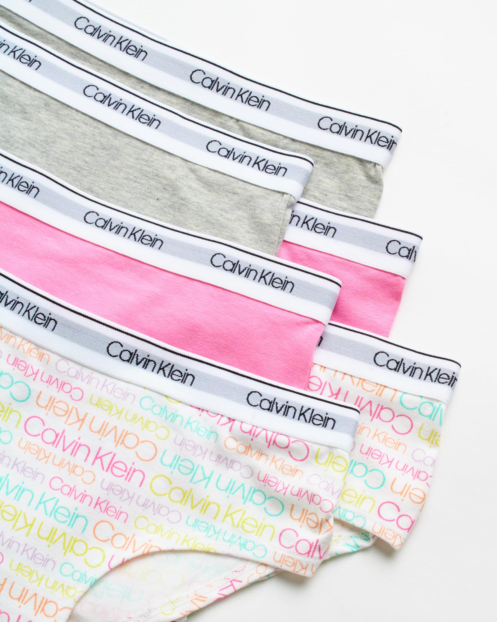 Calvin Klein Girls' Underwear - 6 Pack Stretch Cotton Hipster Briefs (S-XL), Size Large, Calvin Logo/Sachet Pink/Heather Grey