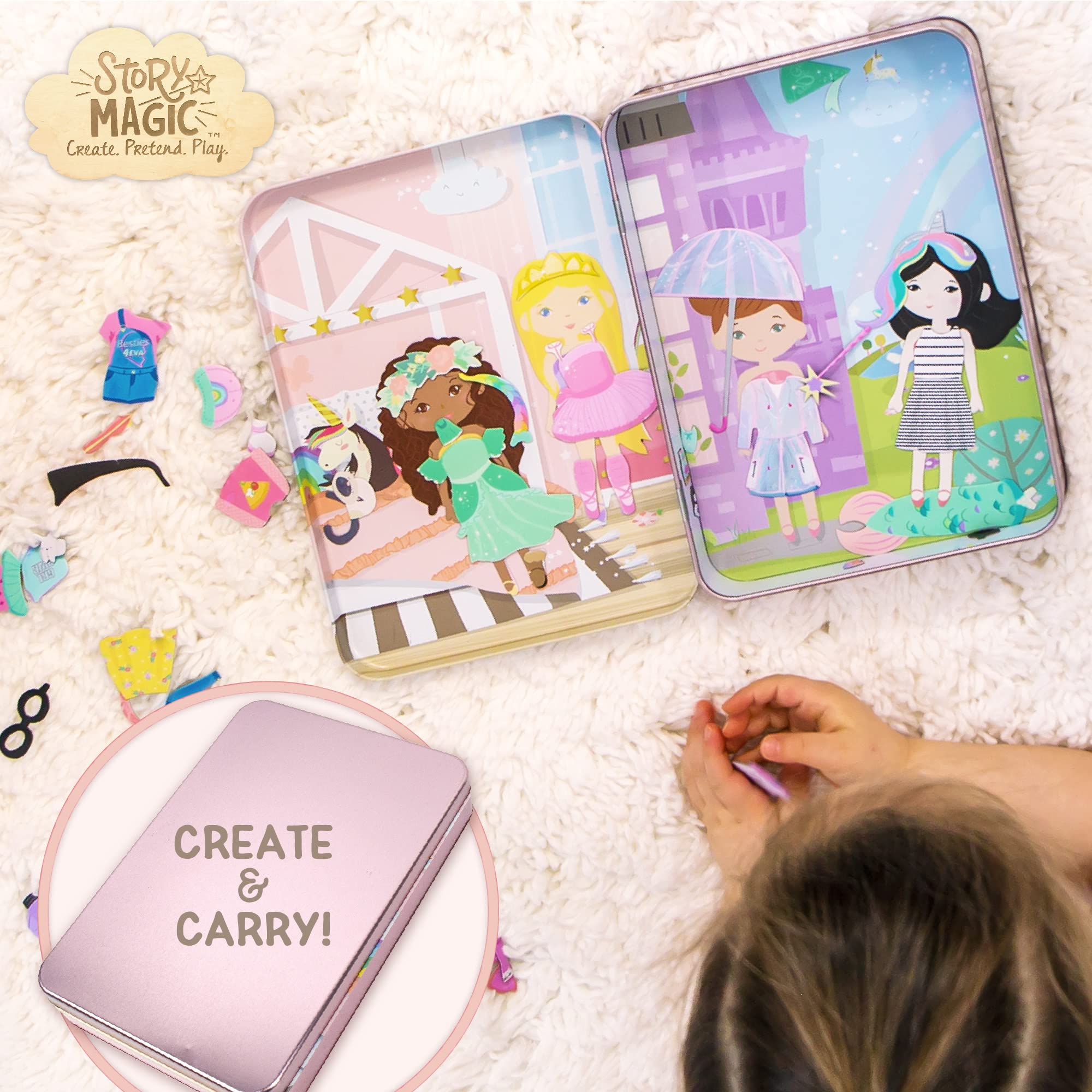 Story Magic Dress-Up Dolls Playset, Pretend Play Magnetic Case, Magnet Outfit and Accessory Pieces, Great for Travel or Playdates, Magnetic On The Go Activity Set for Ages 4, 5, 6, 7 , Pink