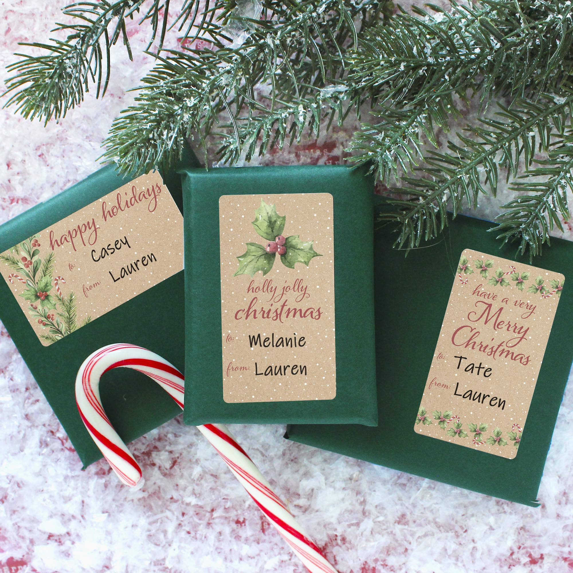 Greenery Christmas Gift Tags, Self-Adhesive Holiday Gift Wrap Tags on Kraft, Peel and Stick Christmas Gift Tags - 75 Count