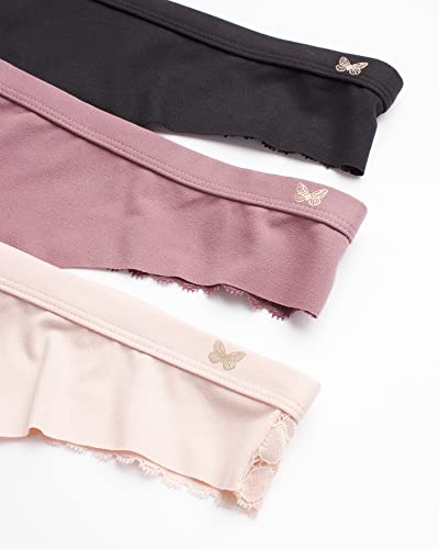 Jessica Simpson Women's Underwear - 3 Pack Microfiber Lace Thong Panties (S-XL), Size Small, Black/Grape Shake/Rose Smoke