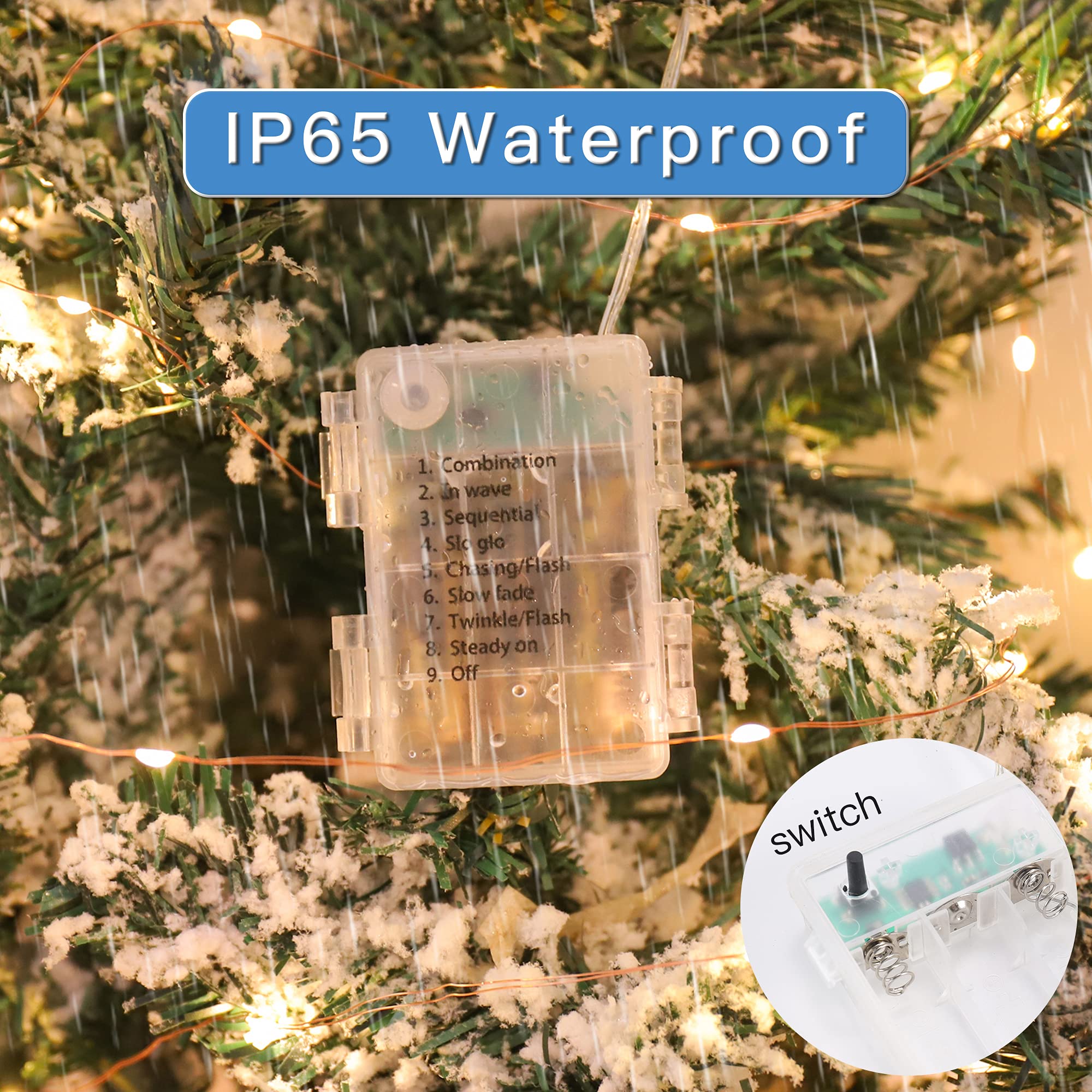 Whalegend Outdoor Lights 2 Pack 33ft 100LED Battery Powered Copper Wire String Lights 8 Modes with Remote Control for Bedroom Christmas Party Home Wedding Decorations Garden Indoor Decor Warm White
