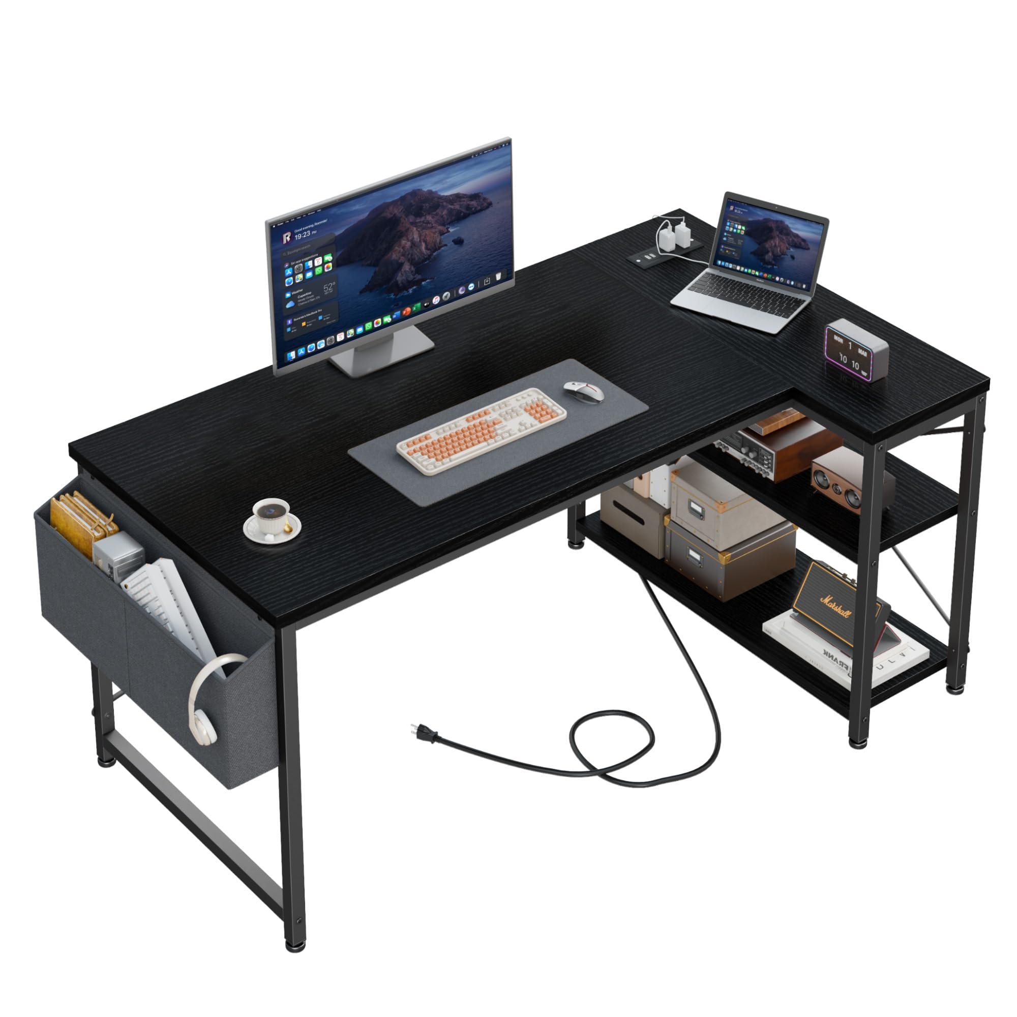 EnHomee L Shaped Computer Desk with File Drawer & Power Outlet, 40" Computer Desk with Storage Bag and Reversible Shelves, Home Office Desk Corner Table for Work, Writing and Study, Black